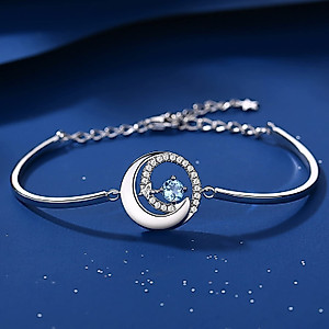 FANCIME London Blue Topaz Bracelets 925 Sterling Silver Moon and Star Bangle Charm November December Birthstone Bracelet Fine Jewelry Birthday Anniversary Christmas Gifts for Her, Chain 6.7"+1.2"