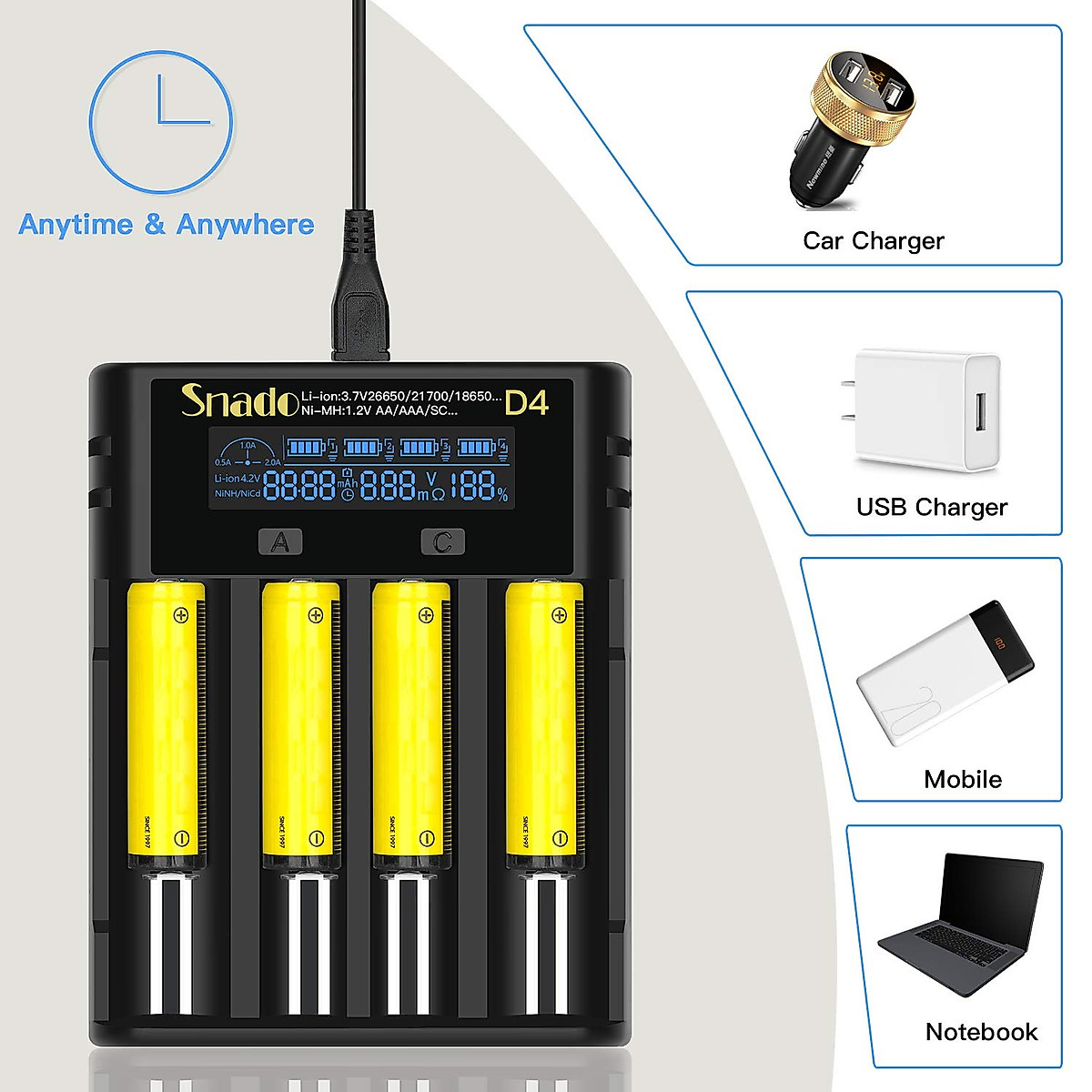 18650 Battery Charger, Snado Universal Smart Charger LCD Display for 3.7v Lithium ion Rechargeable Batteries 18650 21700 18490 17500 16340 14500 RCR123 and 1.2v Ni-MH/Ni-Cd AA AAA C Battery (4 Slots)