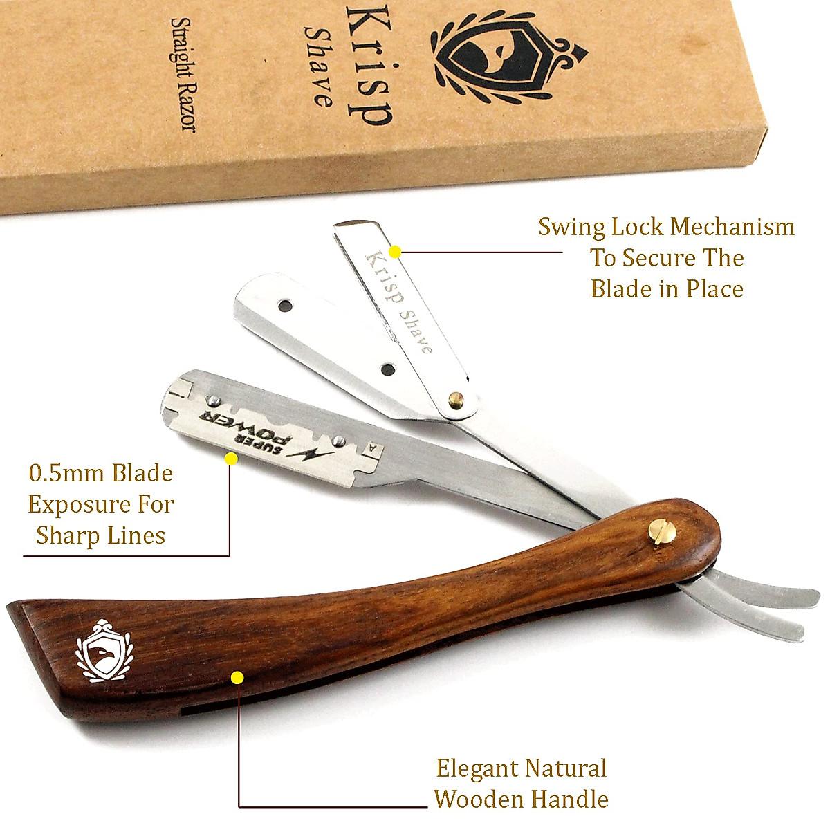 Professional Straight Edge Shaving Razor Safety - Krisp Beauty Natural Wood Handle Wet Shave Manual Shavette Razor For Men Barber Salon Quality Stainless Steel with 5 Double Edge Shaving Blades