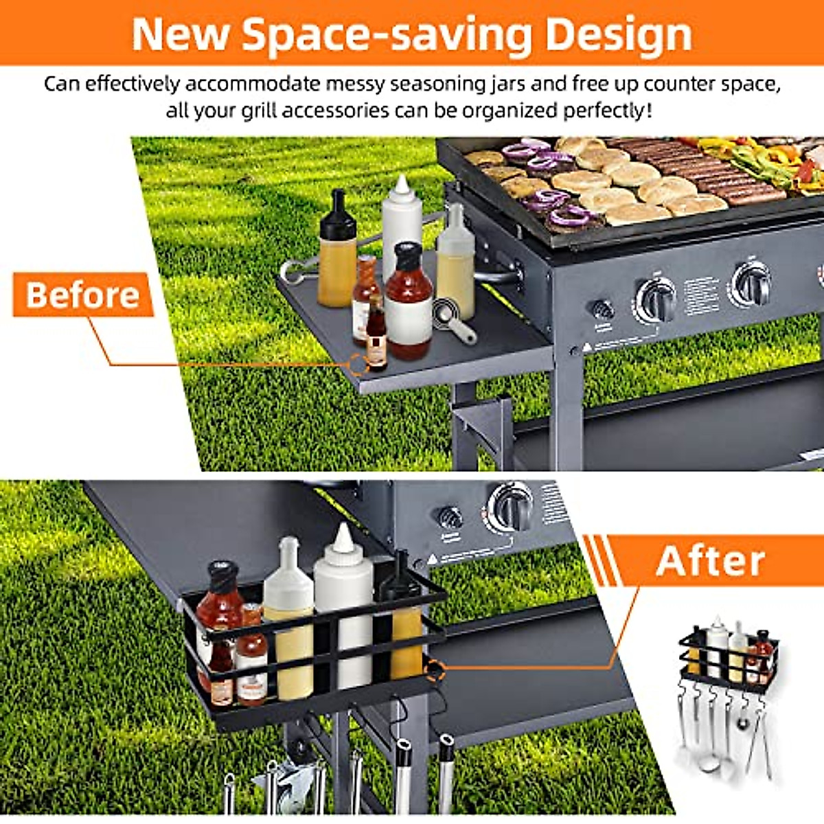 KGDJS Grill Caddy, Upgraded BBQ Caddy Designed for 28"/36" Blackstone Griddles, Removable Griddle Caddy, Space Saving BBQ Accessories Storage Box, Free Drilling Hole & Easy to Install (Black)