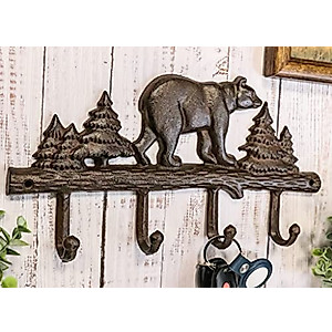 Ebros Gift Cast Iron 11.75" Long Rustic Forest Black Bear Strolling by Pine Trees Forest 4-Pegs Wall Hook Western Bears Hunting Cabin Lodge Country for Coat Hat Clothing Leash Keys (1)