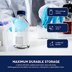 USA LAB 5000 ML Round Media Bottle with GL45 Screw Cap, Clear 3.3 Borosilicate Glass Bottles for Scientific Solution Storage, Multi Purpose Science Labs Solvent Container
