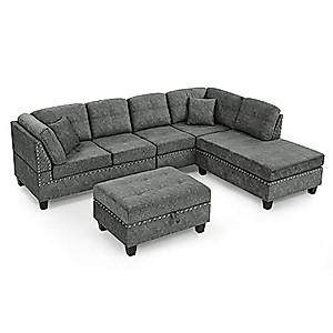 Evedy Modern Sectional, Living Room Furniture Sets,L-Shaped Storage Ottoman,Couch with Nail-Head Trim,3-Seaters Sofa with Extra Wide Reversible Chaise and 2 Small Pillows, Grey Fabric