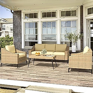YITAHOME 4 Piece Patio Furniture Set, Outdoor Sectional Sofa PE Rattan Wicker Outside Couch with Table and Cushions, All-Weather Rattan Patio Conversation Set for Porch Lawn Garden Backyard - Khaki