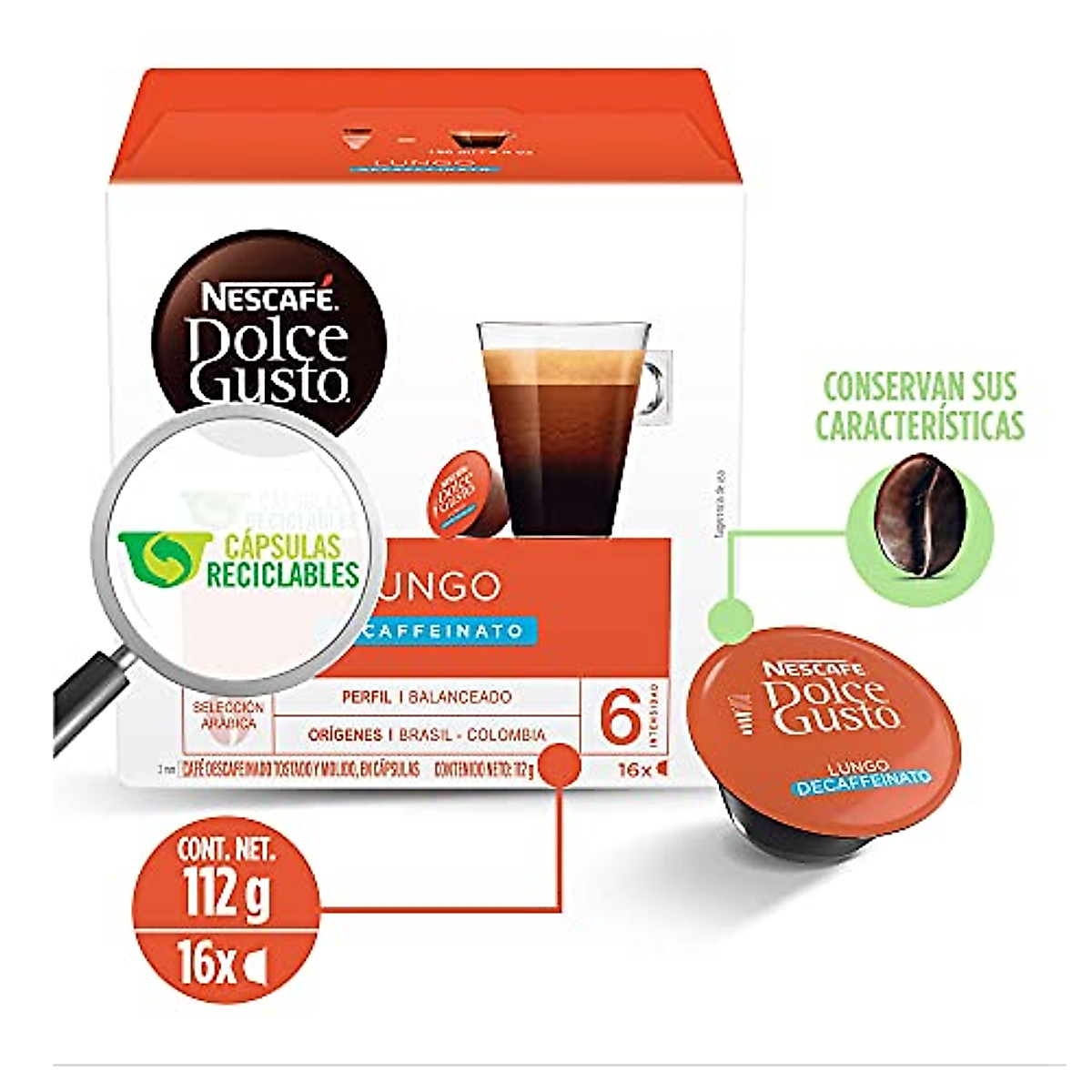 Nescafe Dolce Gusto Coffee Pods, Lungo Decaffeinato, 16 capsules, Pack of 3