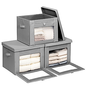 STORAGEIDEAS Thick Fabric Storage Bins with Lids, Collapsible Storage Box Closet Shelf with Clear Window, Decorative Baskets for Clothes, 3 Set, Grey, Large