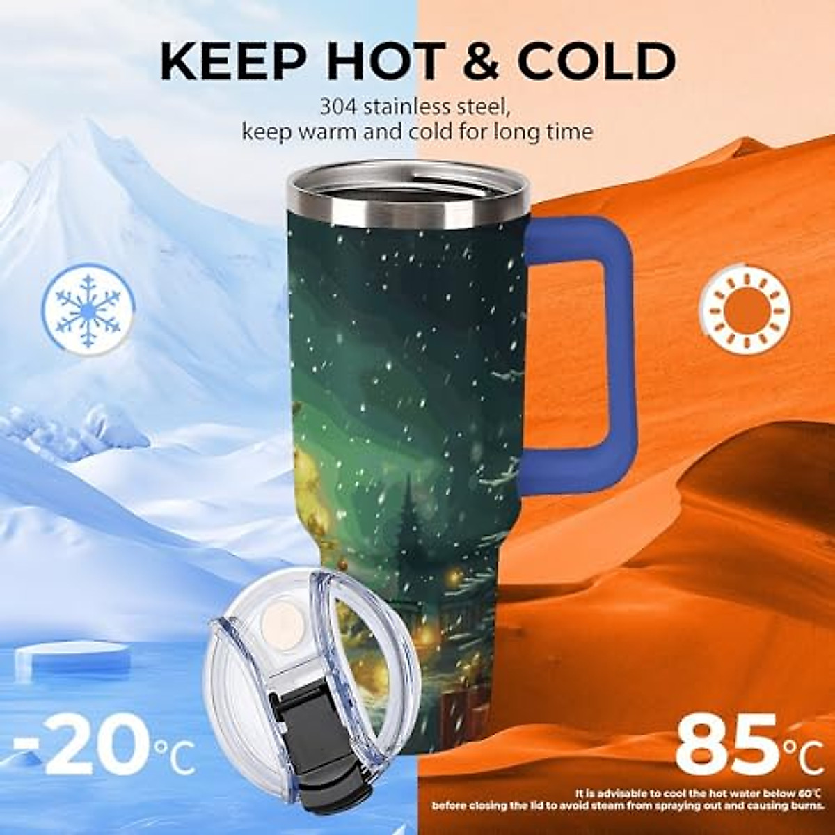 LLUTSNTH 40 Oz Vacuum Tumbler with Deep Blue Handle Leakproof Insulated Tumbler Christmas Trees Stainless Steel Travel Mug with Lid And Straw Coffee Cup Cute Water Bottles Cup Holder Friendly