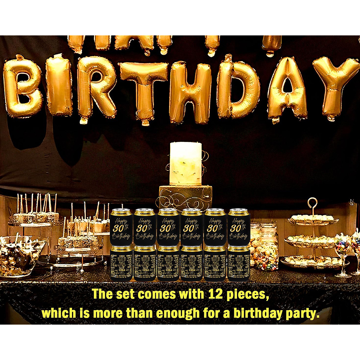 BackURyear 30th Birthday Decorations for Men Women, Him 30th Birthday Party Supplies, Her 30 Years Old Birthday Decor, Back in 1994- Turning Thirty, Can Cooler Sleeves, Black&Gold/12 Pcs