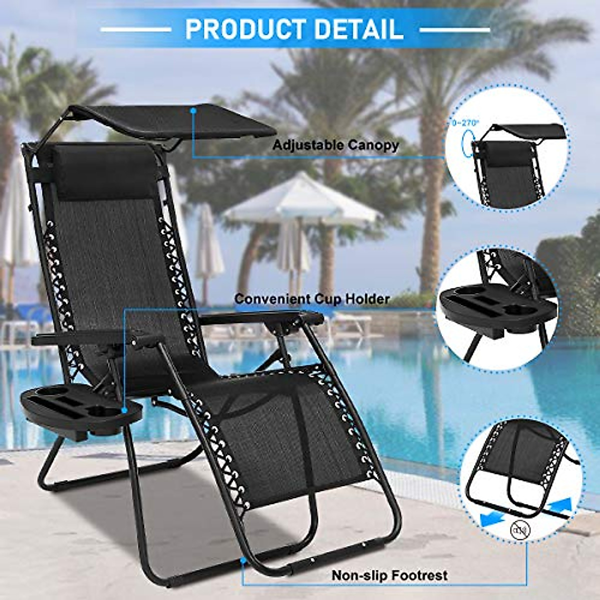 Zero Gravity Chair, 2 Pack Patio Lounge Chair Folding Outdoor Indoor Adjustable Backyard Recliner Chair Chaise with Cup Holder Tray and Canopy Shade for Pool, Beach, Lawn, Deck, Camping - Black