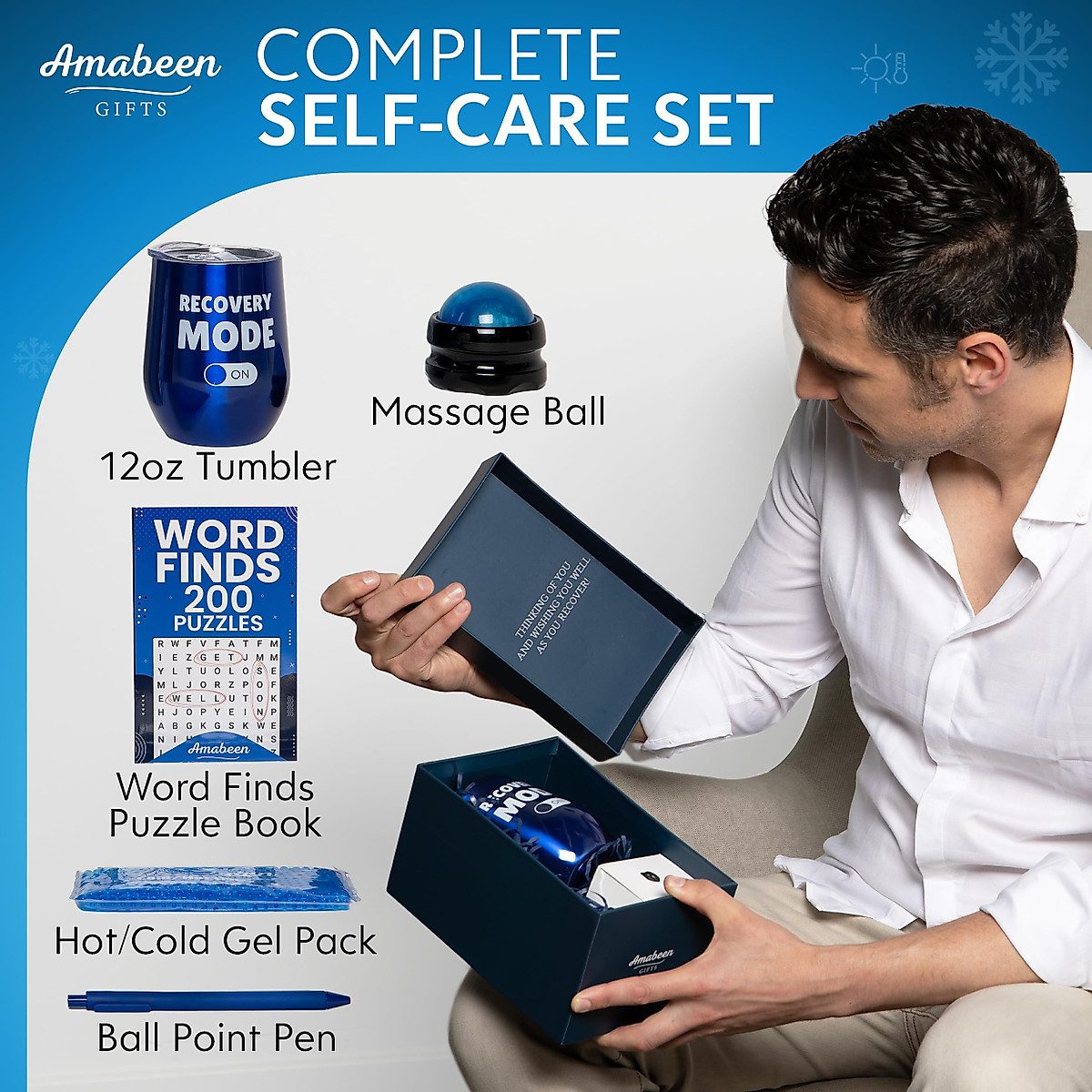 Amabeen Get Well Soon Gifts for Men - Gift Basket Containing Insulated Tumbler, Mindfulness Puzzle Book, Massager Ball, Hot/Cold Gel Pack - Hospital Care Package - Ideal After Surgery & Recovery