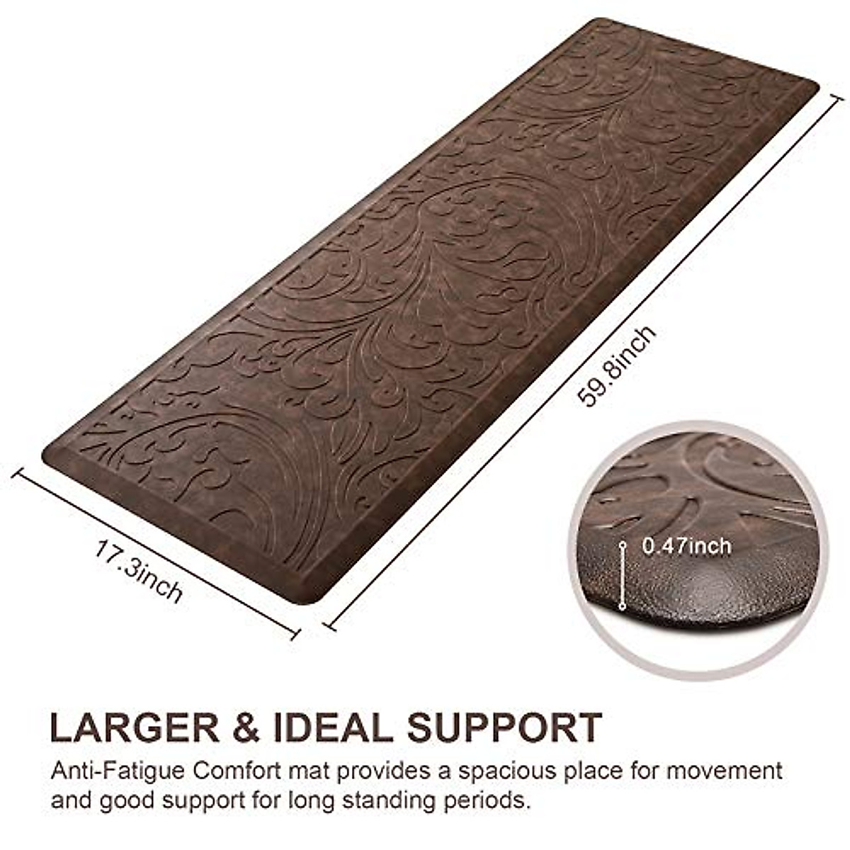KMAT Kitchen Mat Cushioned Anti-Fatigue Floor Mat Waterproof Non-Slip Standing Mat Ergonomic Comfort Floor Mat Rug for Home,Office,Sink,Laundry,Desk 17.3" (W) x 60"(L),Brown