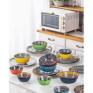 HENXFEN LEAD Ceramic Dinner Plates Set of 6-10.6 Inch Large Dessert, Pasta, Salad Plate, Porcelain Colorful Serving Dishes for Kitchen & Restaurant, Dishware, Microwave & Oven safe - Bohemian Style