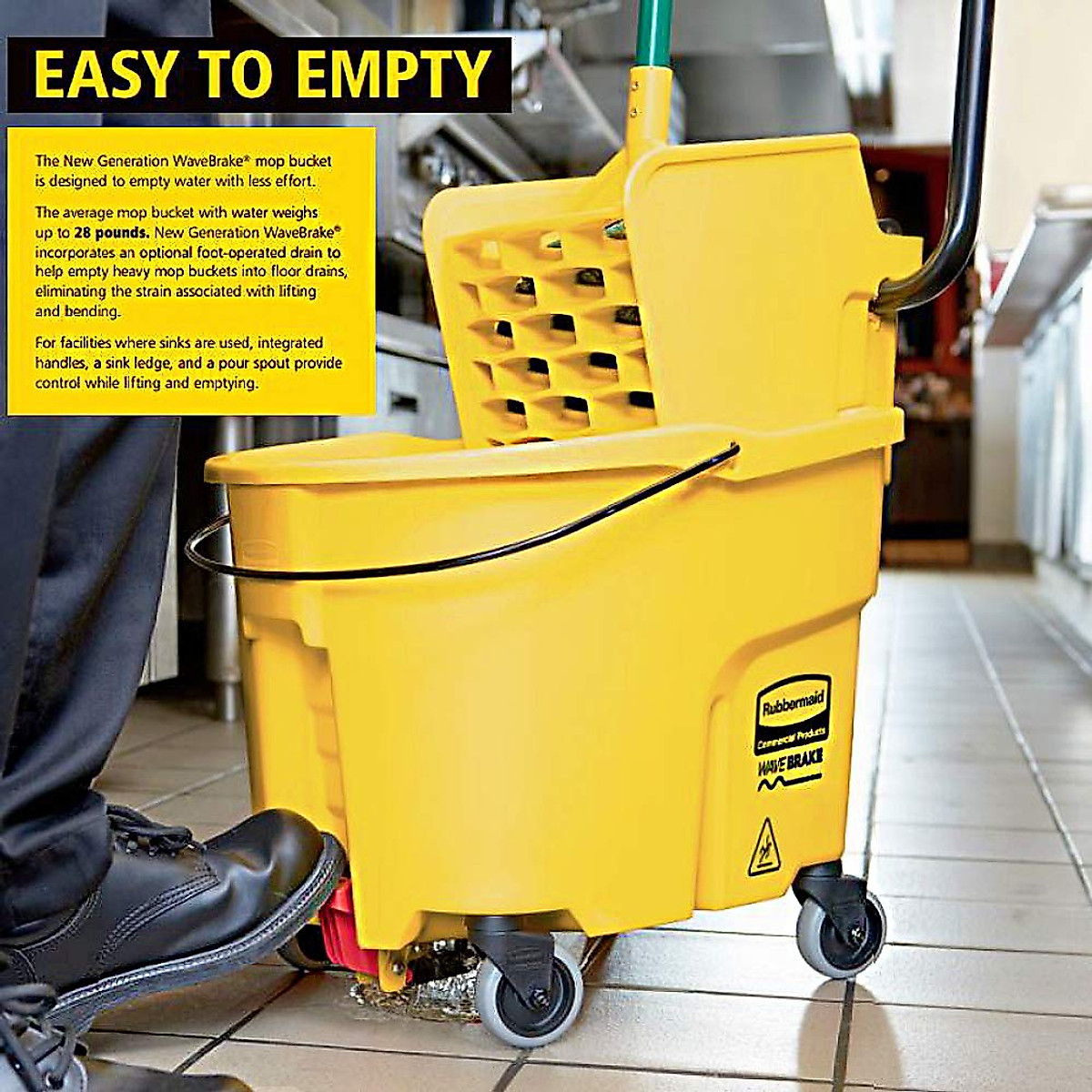 Rubbermaid Commercial Products WaveBrake 44 QT Side-Press Mop Bucket and Wringer Combo on Wheels with Foot Drain, Yellow, for Heavy-Duty Floor Cleaning
