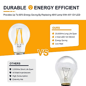 TOKCON 12V Low Voltage LED Light Bulbs - Soft Warm 2700K 4W E26 Edison Base 40W Equivalent - 12 Volt DC/AC A19 Bulb for RV Ceiling - 2 Pack