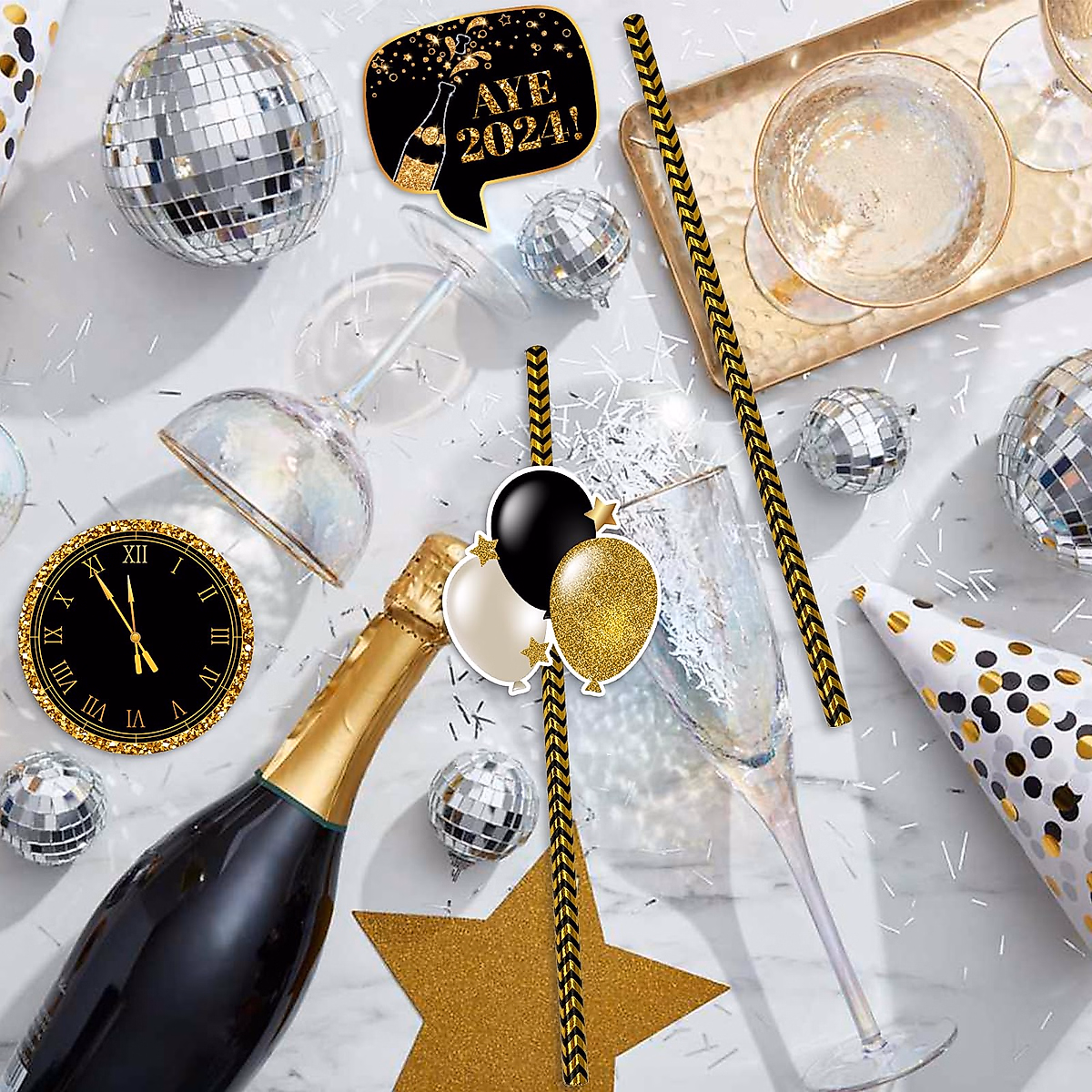 48PCS Happy New Year Straws 2024 – New Year’s Eve Striped Straws Party Supplies Decorations