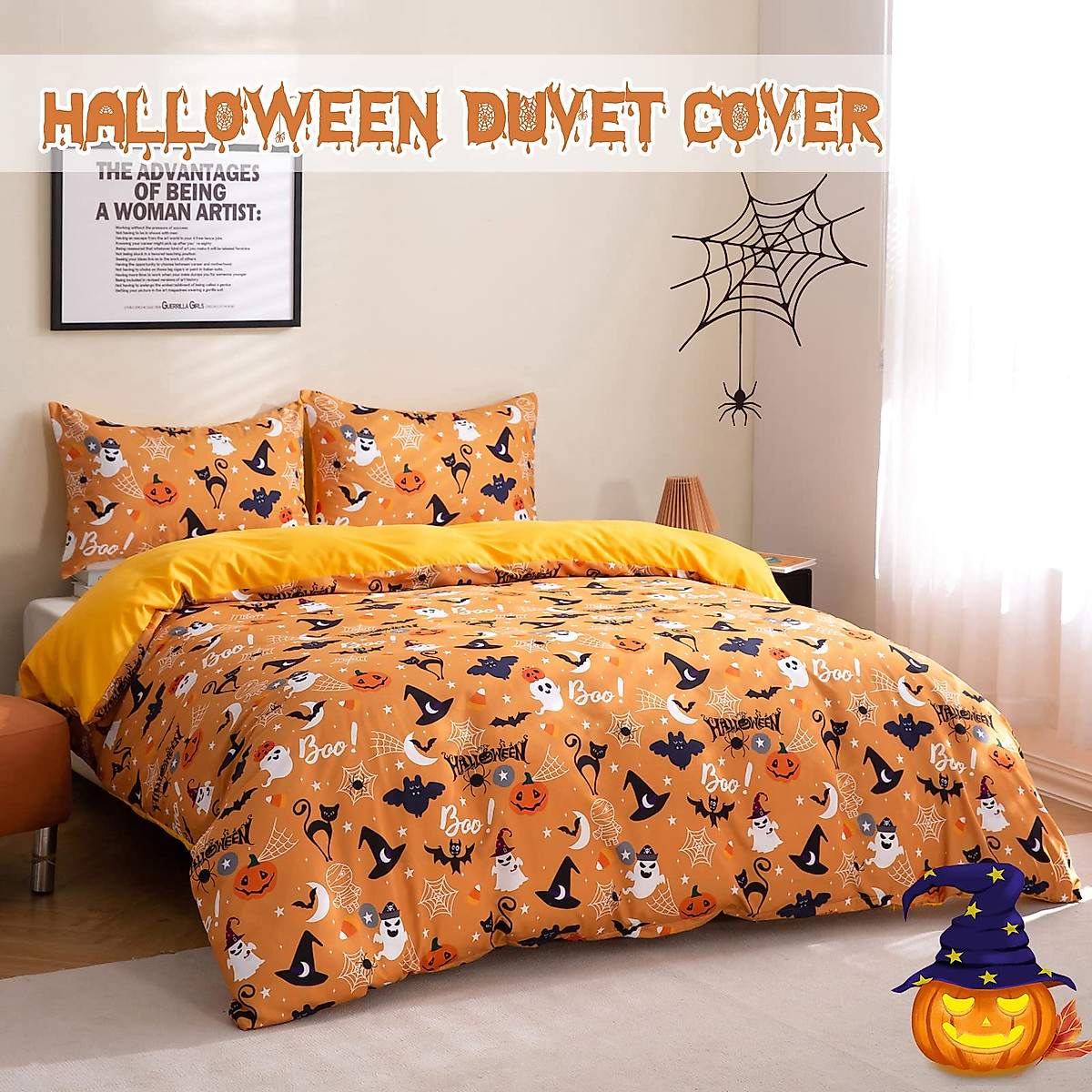Luxudecor Halloween Duvet Cover Set King Size Pumpkin Bat Tombstone Witch Hat Cobweb Pattern Duvet Cover Orange Soft Microfiber Halloween Themes Bedding Set Kids Gift(3pcs, 104"x90")