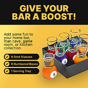 Billiards Pool Ball Shot Glasses, Set of 9 - Fairly Odd Novelties - Fun Sports Bar Drinking Gift Pack, Multicolor,1 ounce