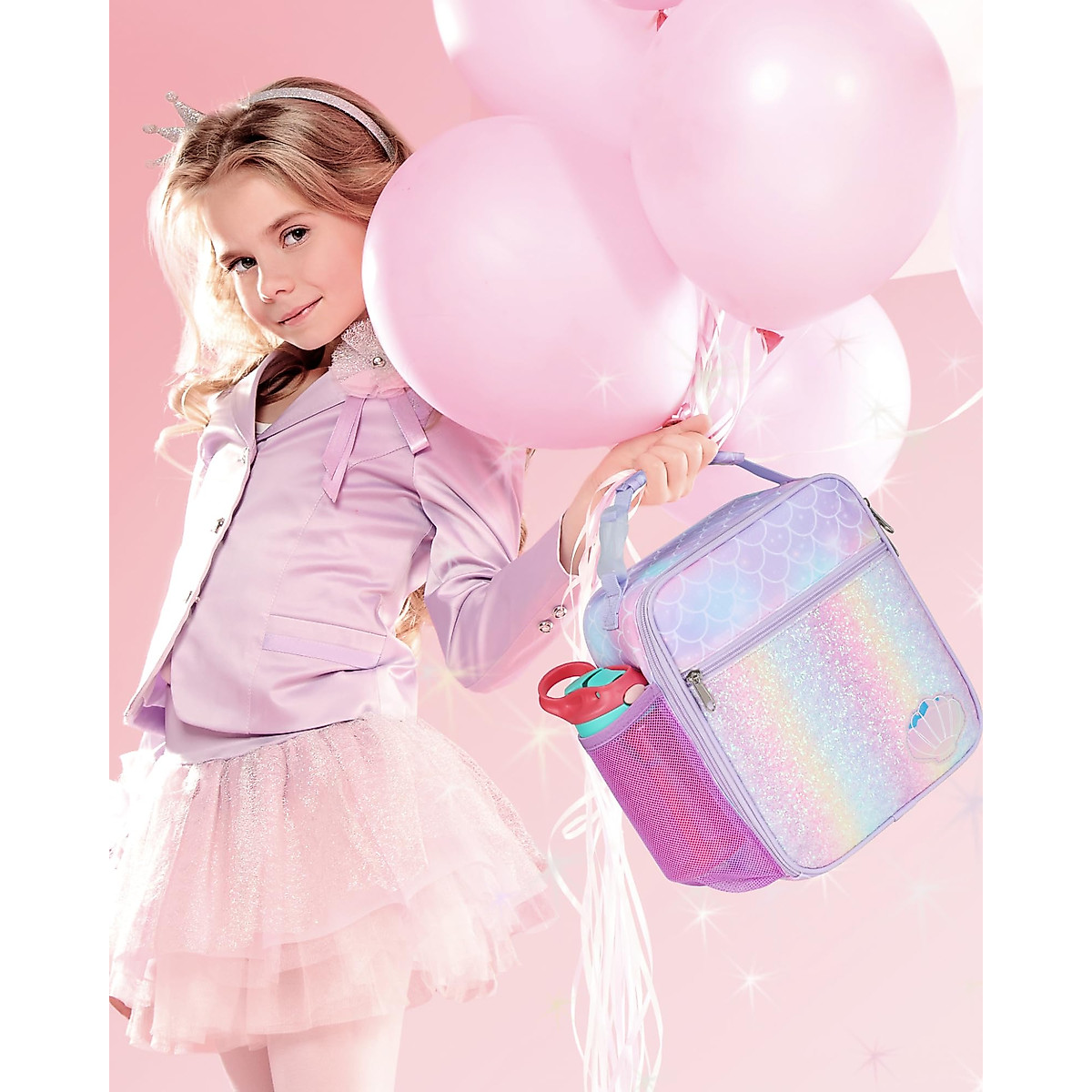 Bagseri Kids Lunch Box Insulated - Lunch Box Bag for Girls, Portable Reusable Toddler Lunch Cooler Bag for School, Water-resistant Lining (Purple, Glitter Mermaid Scale)