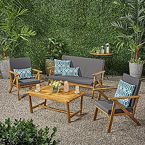 Christopher Knight Home Panama Outdoor Acacia Wood Chat Set with Water Resistant Cushions, 4-Pcs Set, Teak Finish / Grey