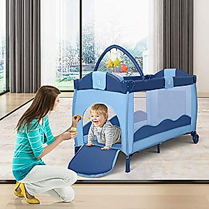 BABY JOY 3 in 1 Pack and Play, Portable Playard with Hanging Toys, 2 Lockable Wheels Diaper Changing Table, Foldable Travel Bassinet Bed (Blue)