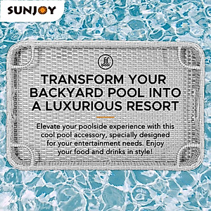 Sunjoy Wicker Floating Tray 36x24 in. Aluminum Frame Pool Tray - Swimming Floating Serving Tray for Drinks, Snacks, and Essentials - Fits Most Pool Sizes - Perfect for Pool Parties and Relaxing, Grey