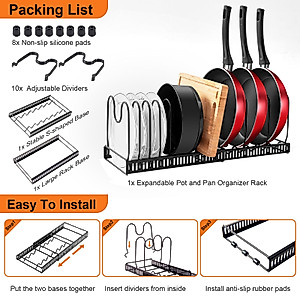 YUMPION Heavy-Duty Cast Iron Pot Organizer, 10 Adjustable Compartments, Expandable, Anti-Scratch, Easy Assembly, 10 Pcs