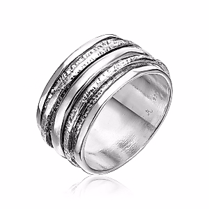 JEAN RACHEL JEWELRY 925 Sterling Silver Rotating Spinner Ring With 2 925 Silver Hammered Spinner Rings, Hypoallergenic Nickel and Lead-free, Artisan Handcrafted Designer Collection, Made in Israel
