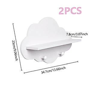 Cloud Shelves, 2Pcs White Cloud Wall Shelves, Wood Floating Shelf with Hook, Nursery Shelves for Book Toys Cloud Room Decor Cloud Shelf