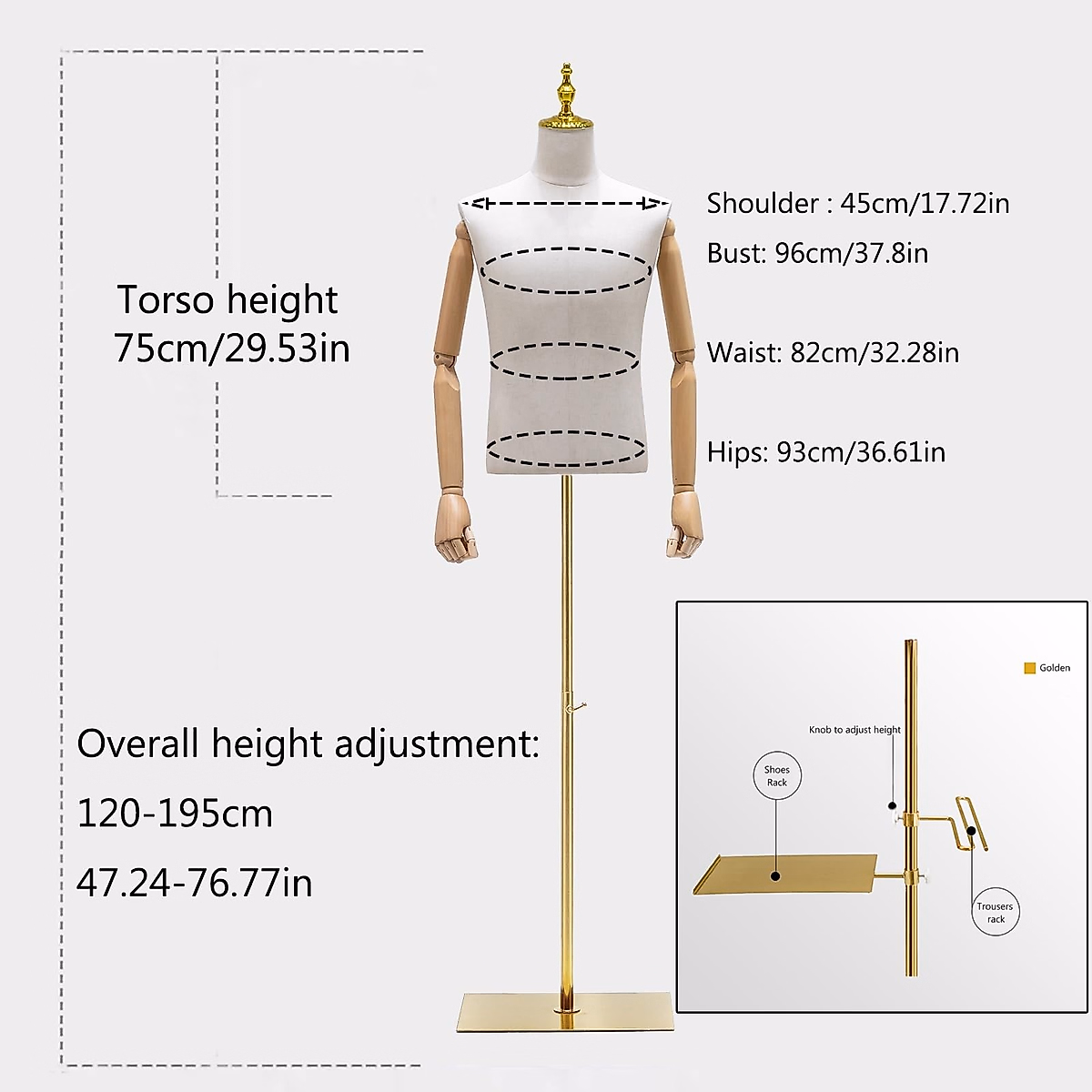 Male Mannequin Torso Body, Men Maniquine Dress Form with Flexible Solid Wood Arm, 47.24"-76.77" Height Adjustable Manikin with Detachable Shoe Holder Pants Rack for Clothing Suit Display