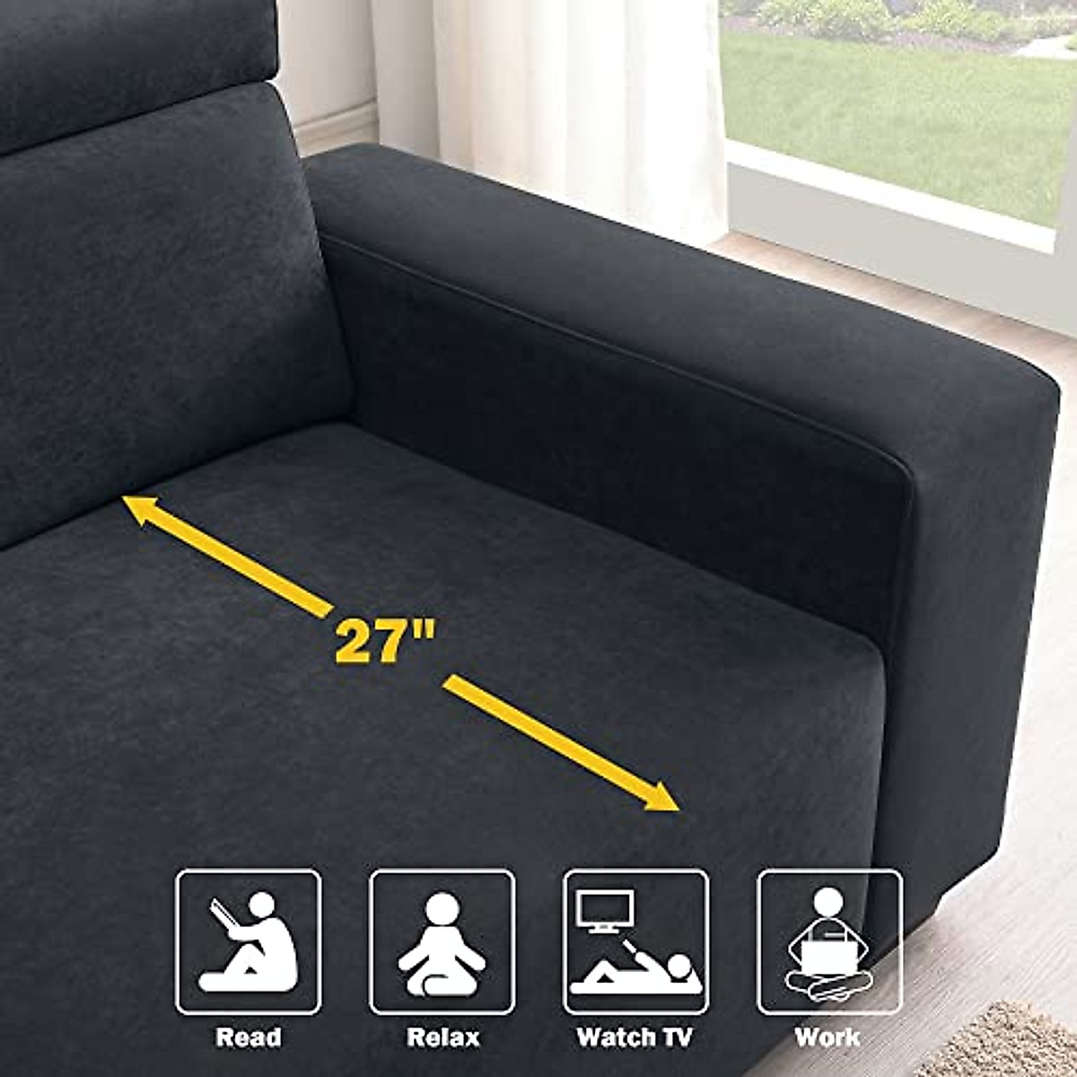 BIADNBZ 87" Velvet Loveseat Sofa with Multi-Angle Adjustable Headrest, Extra Wide Sectional Couch w/Armrest for Living Room Studios, Black