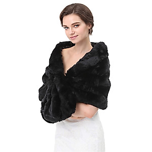 XMLMRY Faux Fur Shawl Women's Wrap Stole Shrug Luxury Winter Wedding Evening Party Bridal Bridesmaid Cover Up (Black, Lengthen)
