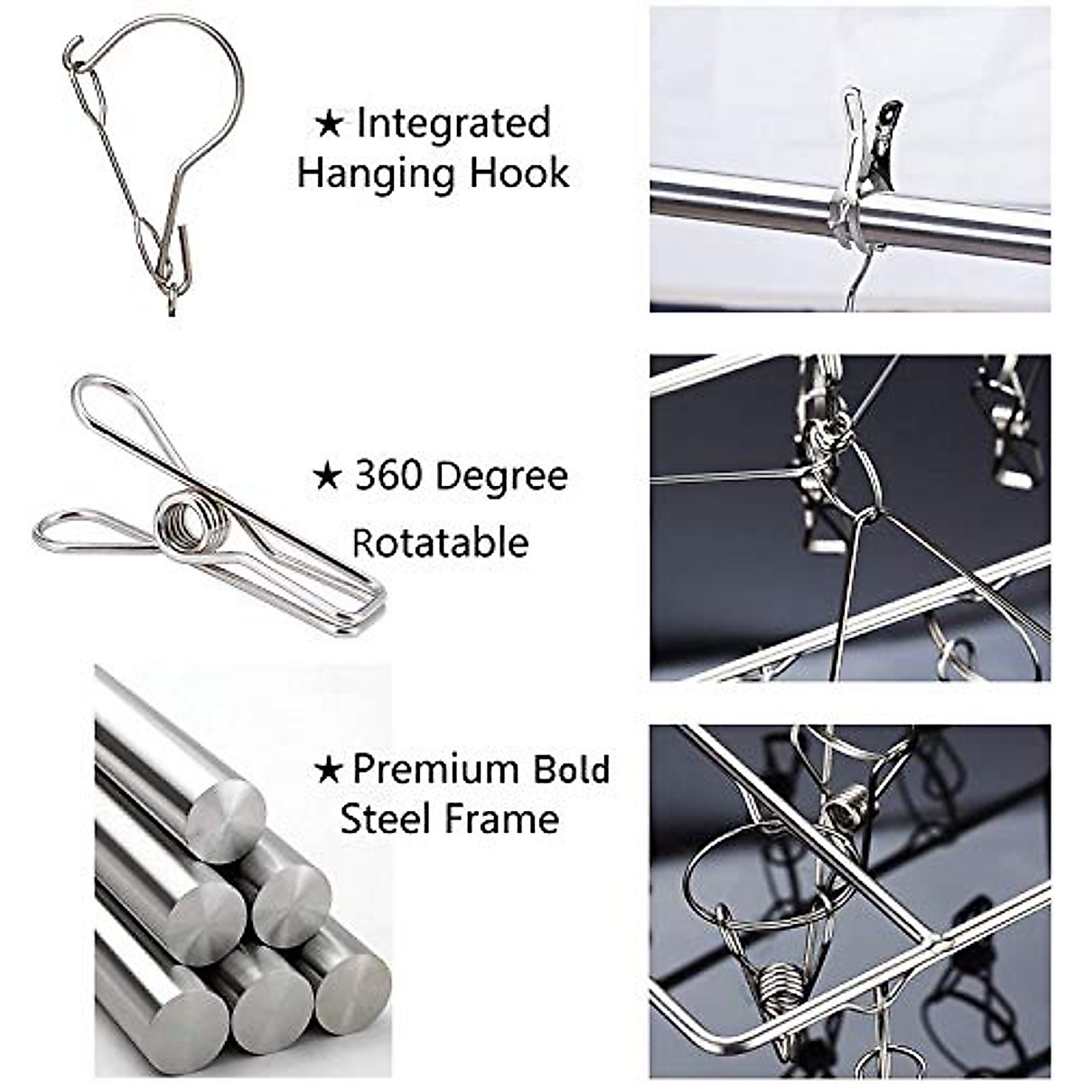 Stainless Steel Sock Drying Rack with 36 Clips, Swivel Hook Wind-Proof Clothes Hanger Rack for Sock, Bras, Underwear, Laundry Accessories