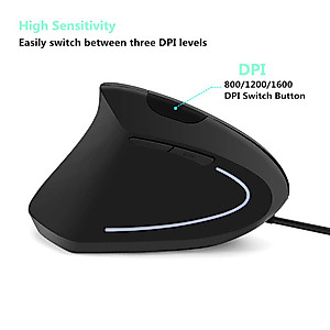 FLY WAY Left Handed Mouse,Ergonomic Vertical USB Wired Mouse 800/1200/1600 DPI Optical 6 Buttons Gaming Mice for PC Laptop Computer Desktop Mac (Left Hand)