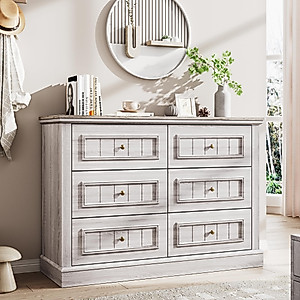 Vabches Dresser for Bedroom, 6 Drawer Wide Dresser Organizers Wood Storage Dresser for Closet, Farmhouse Double Chest of Drawer TV Stand with Gold Handles for Living Room, Hallway, Light Rustic Oak