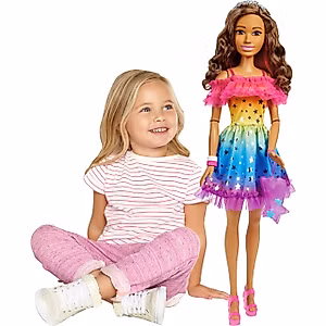 Barbie Large Doll with Brown Hair, 28 Inches Tall with Rainbow Dress & Styling Accessories Like Shooting Star Handbag