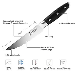 TUO Serrated Steak Knife - 5 inch Professional Kitchen Steak Knife Set 4 - Table Dinner Knife - German HC Stainless Steel Non Slip Pakkawood Handle - BLACK HAWK SERIES Including Gift Box