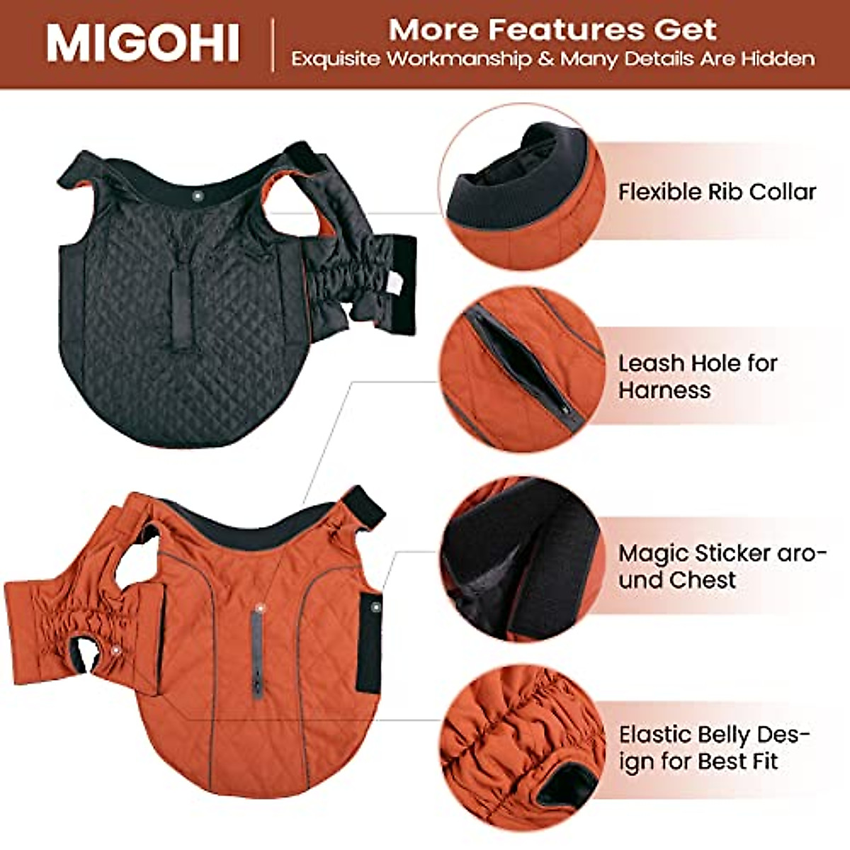 MIGOHI Dog Jacket for Winter, Windproof Dog Coat with Reflective Trims for Cold Weather, Warm Dog Winter Coats Padded Dog Puffer Jackets for Small Medium Large Dogs, Orange XXXL
