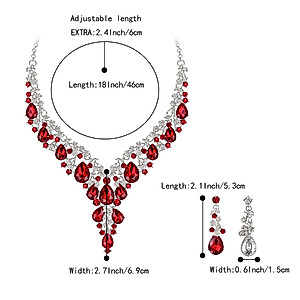 BriLove Women's Wedding Bridal Austrian Crystal Teardrop Flower Cluster Statement Necklace Dangle Earrings Jewelry Set Ruby Color Silver-Tone