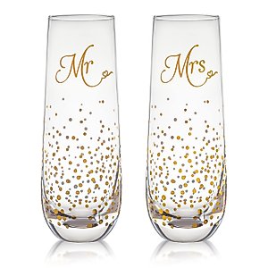 Trinkware Stemless Wedding Champagne Flute - Mr And Mrs Champagne Flutes With Gold Dots - Wedding Gift For Bride And Groom Champagne Glass - Bride Gift - Mr And Mrs Gift Set of 2