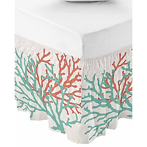 Coral Bed Skirt Queen Size 16 Inch Drop, Adjustable & Elastic Wrap Around Bed Skirts Pleated Luxury Dust Ruffles for Twin Full Queen Cal King Base Bed, Summer Beach Sea Vintage Ocean Nautical