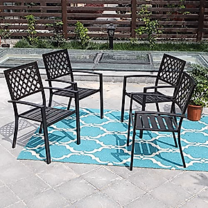 MFSTUDIO Black Metal Patio Stacking Chairs Wave Back Indoor Outdoor Dining Set Wrought Iron Chair with Arm, Set of 6