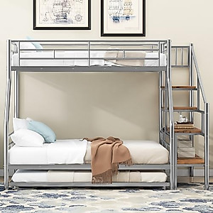 RORIGAT Twin Over Full Bunk Bed with Trundle,Metal Bunk Beds with Storage Staircase and Guard Rail,Bunk Bed Twin Over Full Size for Kids Boys Girls Teens Bedroom,Silver