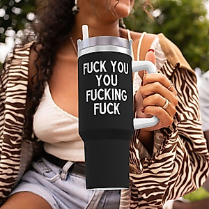YVNUM 40 oz Tumblers with White Handle,Fuck You You Fucking Fuck Stainless Steel Thermos Travel Coffee Mug for Water, Iced Tea or Coffee,with Lid Straw Leakproof