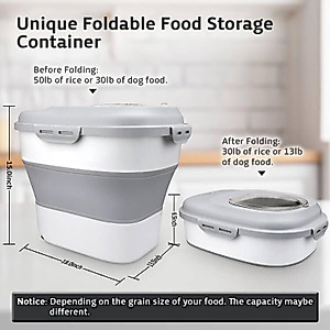 Komzon Rice Storage Bin Cereal Containers, 13-50lb Collapsible Rice Container Dispenser with Transparent Lid, Rolling Wheels, Measuring Cup and Scoop, Airtight Dog Cat Pet Food Storage Container White
