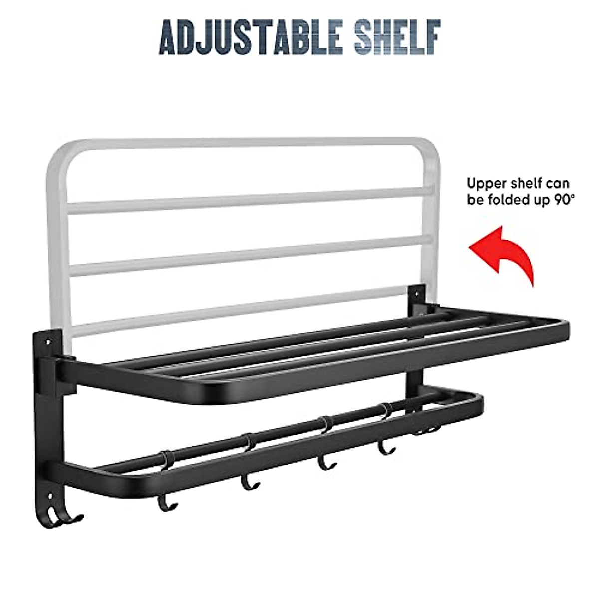 Yescom Foldable Towel Rack with Towel Hooks and Adjustable Towel Bar for Bathroom Wall Mounted 24 Inch 304 Stainless Steel Shelf Matt Black