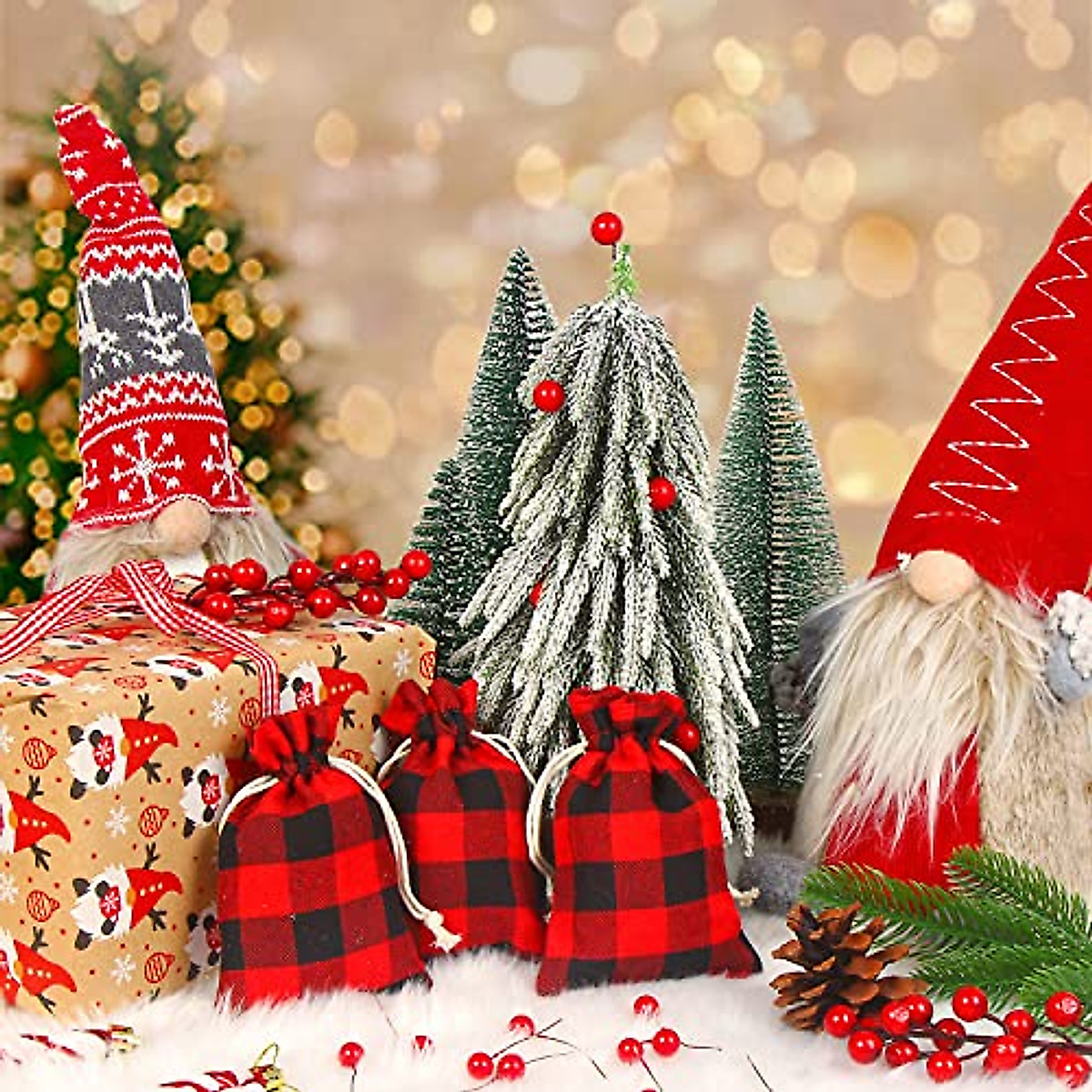 SULOLI 24PCS Christmas Buffalo Plaid Drawstring Bags, Xmas Plaid Burlap Bags Drawstring Bags Washable Cotton Xmas Bag for Christmas Candy Goodie Holiday Favors