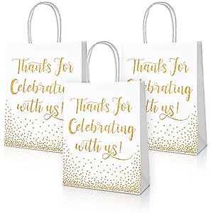 Queekay 80 Pcs Gold Wedding Welcome Bags for Hotel Guests Bulk Thanks for Celebrating with Us Paper Bags Gold Foil Kraft Paper Bags with Handles for Wedding, Baby Shower, Birthday (10 x 8 x 3 Inch)