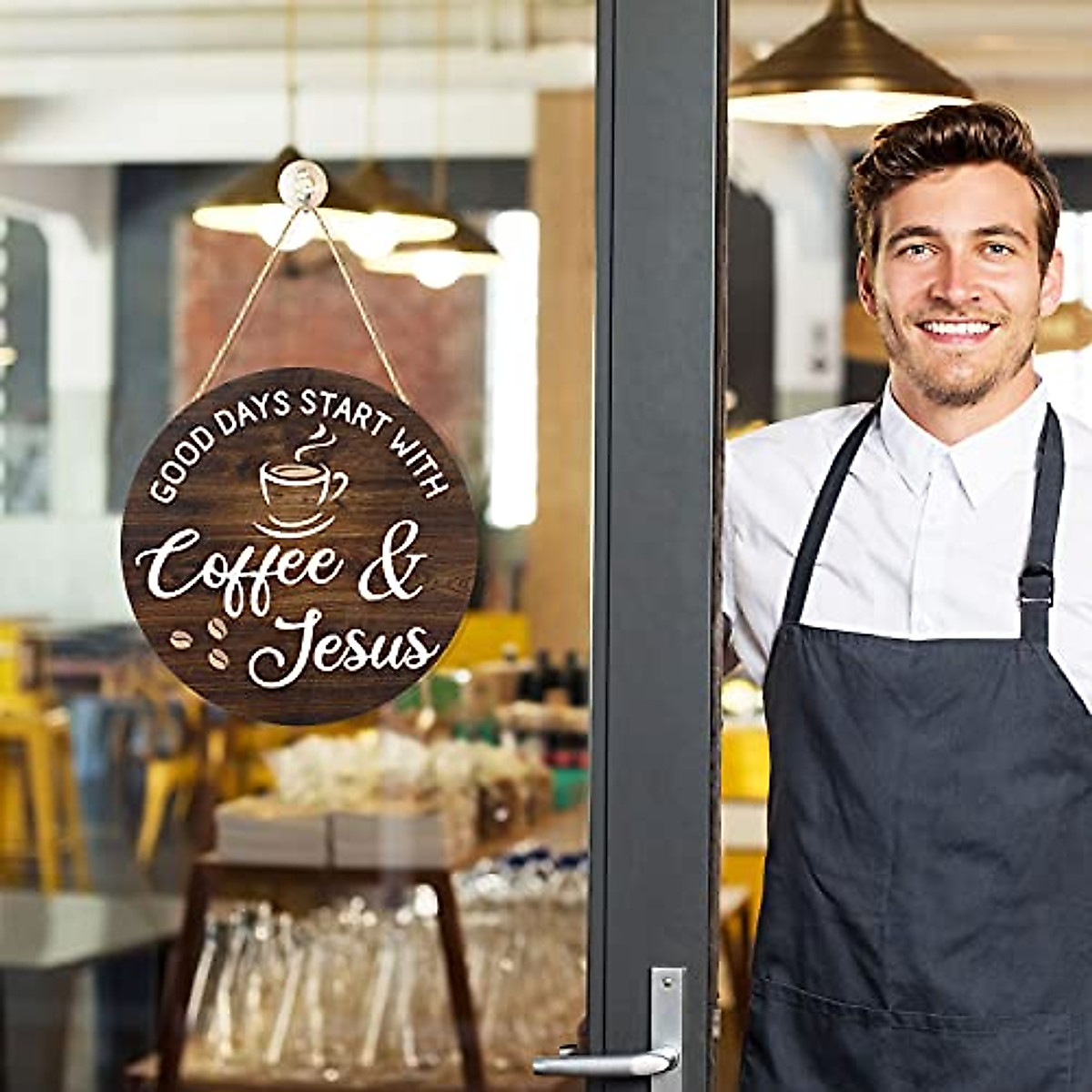 Coffee Bar Sign Coffee Decor Coffee Wooden Sign Hanging Coffee Decor Coffee Sign Plaque for Farmhouse coffee bar Kitchen Accessories Coffee Lover (Rustic Good Days Start with Coffee & Jesus)