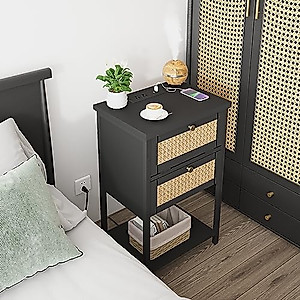 End Table with Charging Station, 2 Tier Rattan Decorated Nightstand with USB Ports and Outlets, Bedside Table with Drawer, Black Modern Sofa Side Table for Bedroom, Living Room, Office