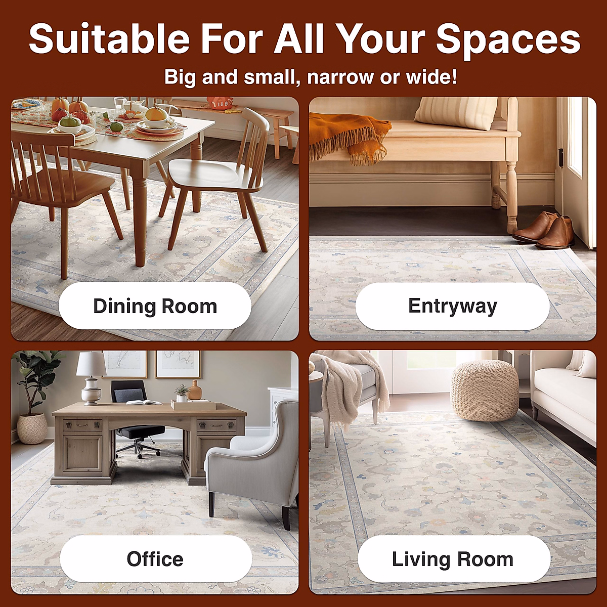 Well Woven Ushak Konya Cream 6' x 9' Area Rug for Large Living Room and Dining Room - Updated Traditional Boho Design, Easy Clean, Floor-Friendly Backing